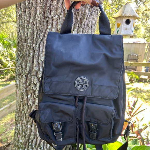 Tory Burch | Bags | Tory Burch Backpack Black Nylon Material Pockets In ...